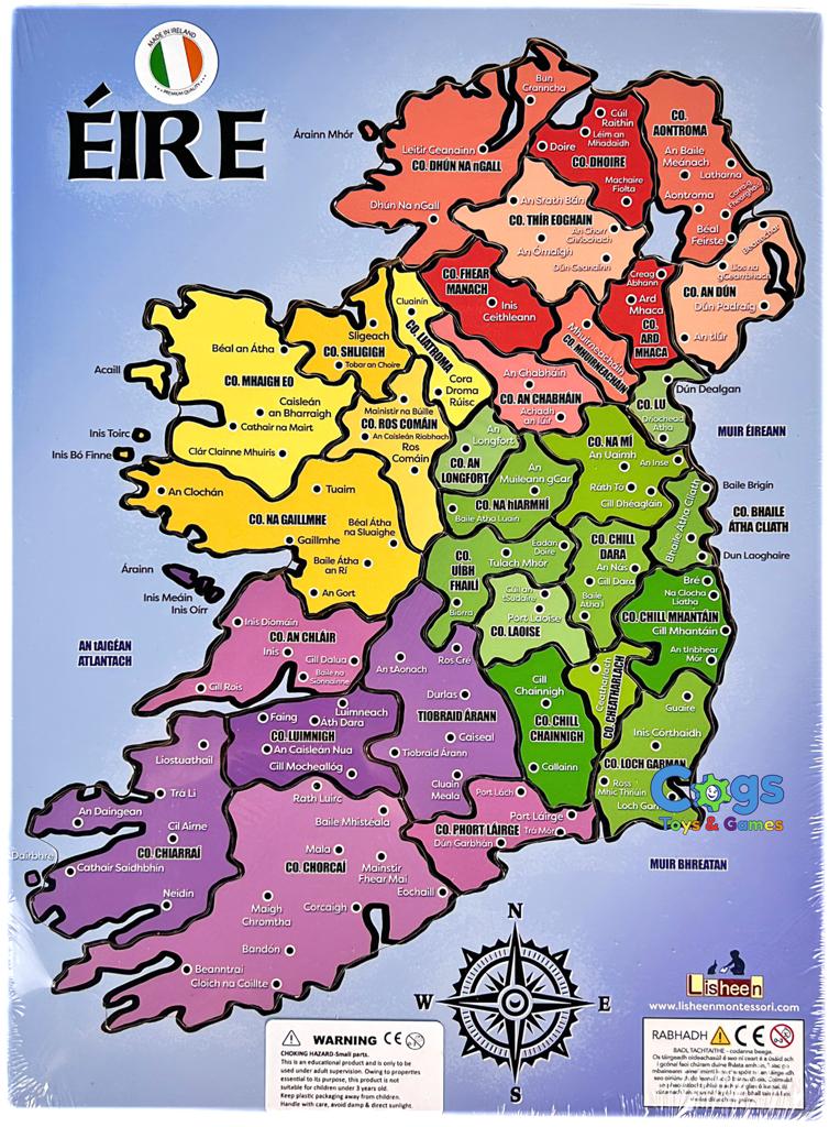 Counties of Ireland Wooden Jigsaw As Gaelige | Cogs Toys & Games Ireland