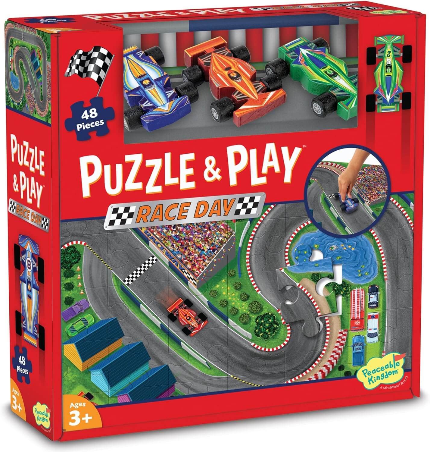Puzzle & Play: Race Day - Floor Jigsaw Puzzle - Includes 3 Wooden Vehi