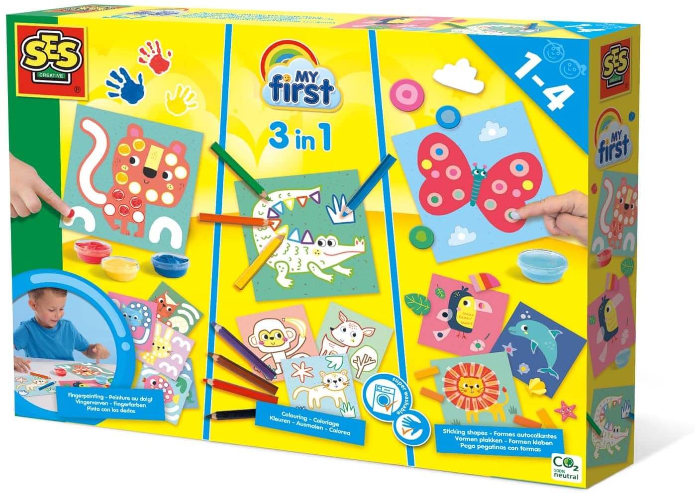 My first 3 in 1 finger painting, colouring sticking shapes | Cogs Toys ...